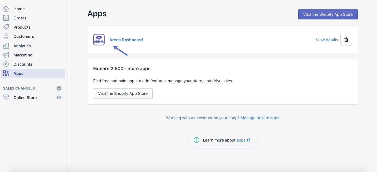 Install Shopify Theme by Arena Dashboard App