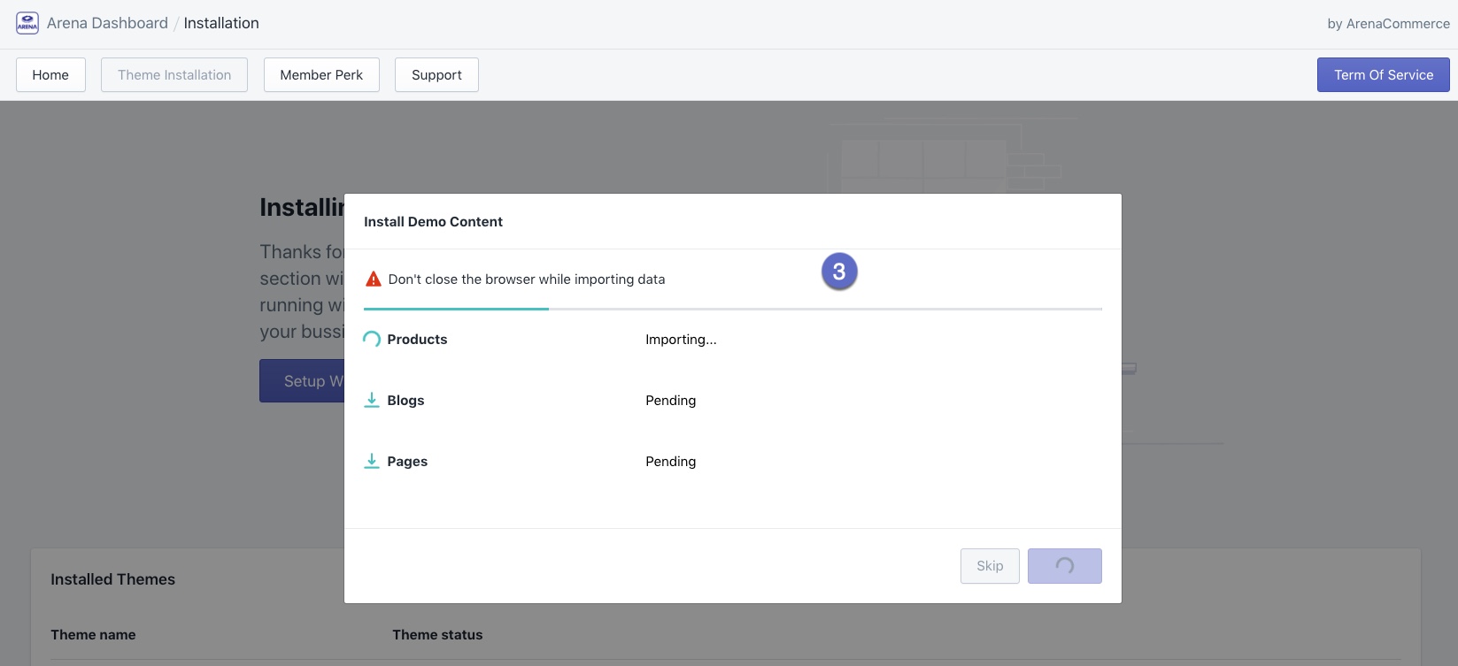 Install Shopify Theme by Arena Dashboard App